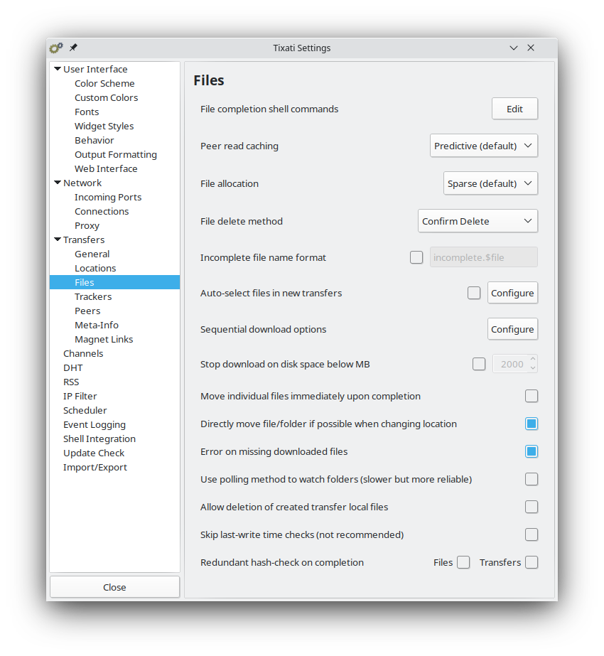 Settings - Transfers - Files - Tixati